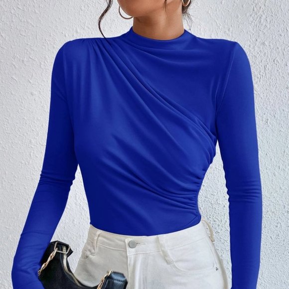 Tops | Minimalist Ruched Solid Bodysuit Blue | Poshmark